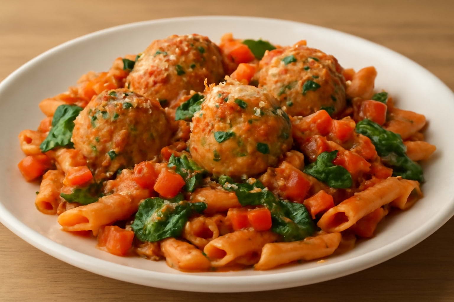 Pasta Primavera En Salsa De Tomate Asado Y Albóndigas De Pollo Manual ...